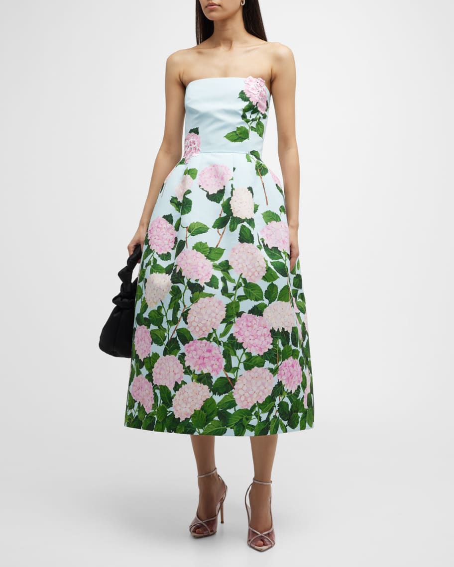 Oscar de la Renta Degrade Hydrangea-Print Strapless Tea-Length Faille ...