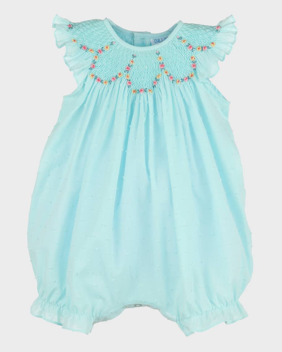 Luli & Me Girl's Swiss Dots Floral Smocked Romper, Size 6M-24M | Neiman Marcus