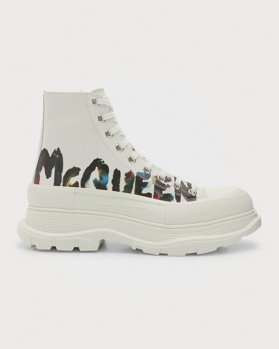 McQueen Men's Tread Slick Graffiti Logo Leather Lace-Up Boots | Neiman ...