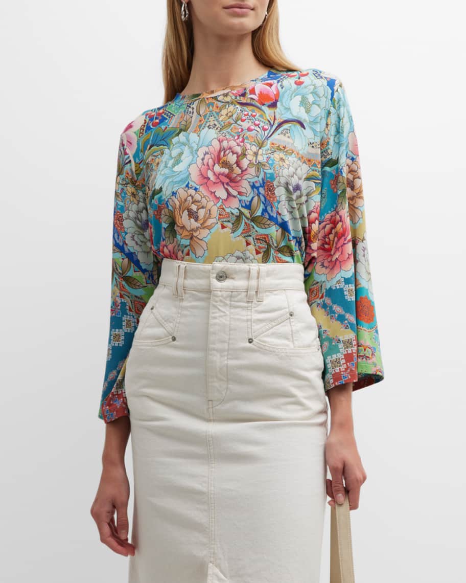 Johnny Was Plus Size Prisma Floral-Print 3/4-Sleeve Tee | Neiman Marcus