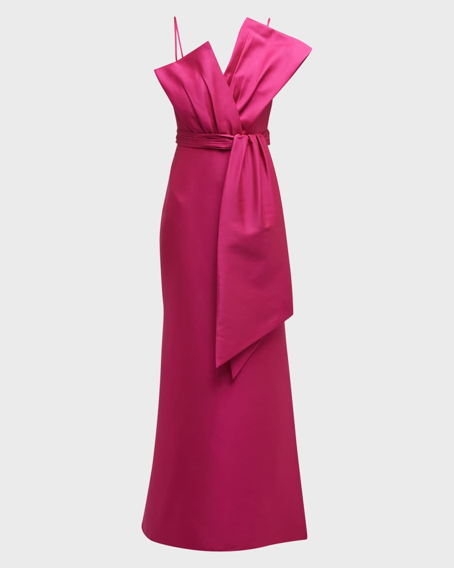 Badgley Mischka Collection Draped A-line Mikado Gown | Neiman Marcus