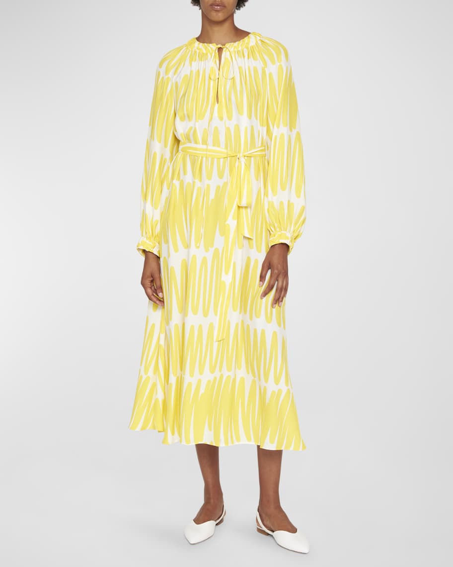 Kiton Scribble-Print Belted Silk Midi Dress | Neiman Marcus