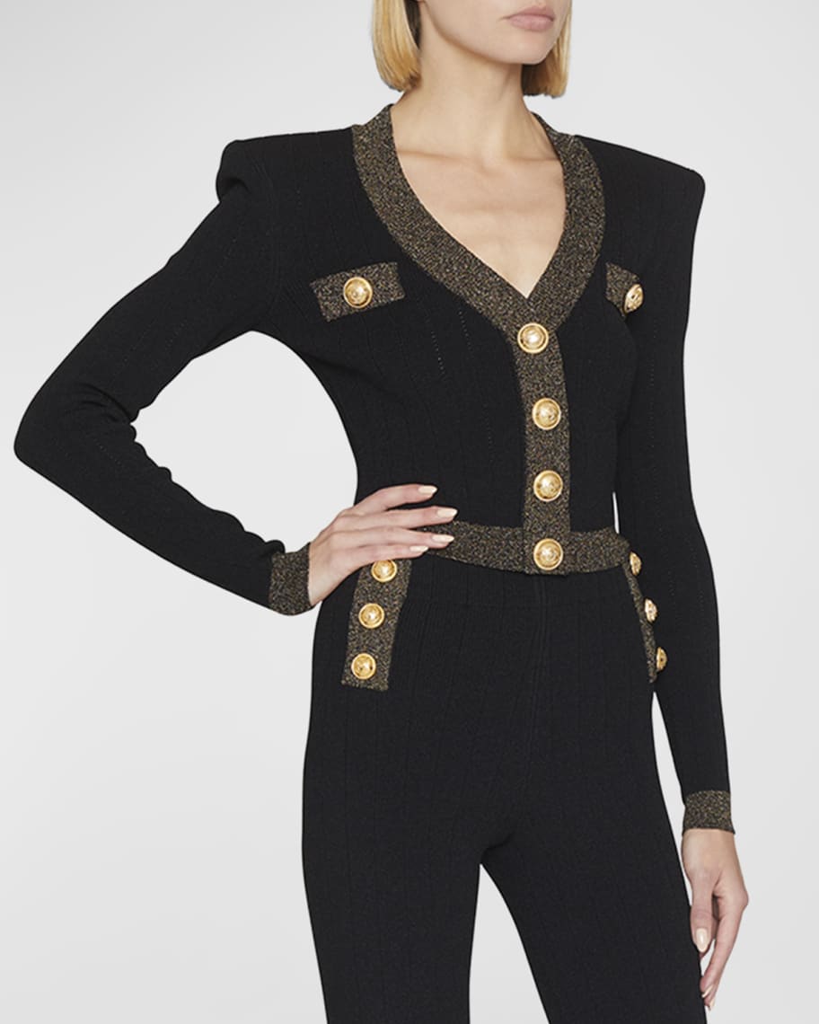 Balmain Strong-Shoulder Metallic-Edge Pointelle Knit Crop Cardigan ...