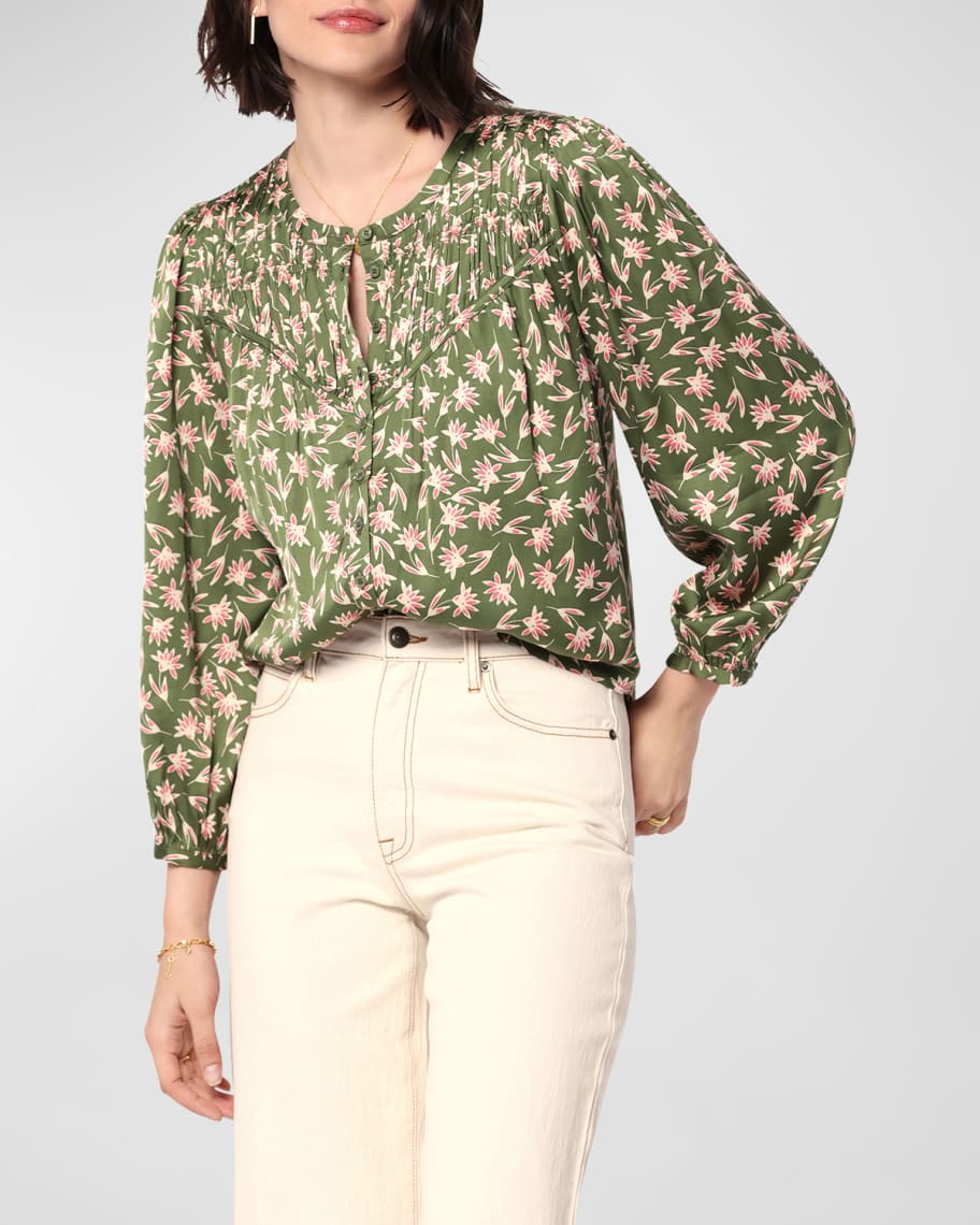 Joie Fanning Shirred Floral-Print Blouse | Neiman Marcus