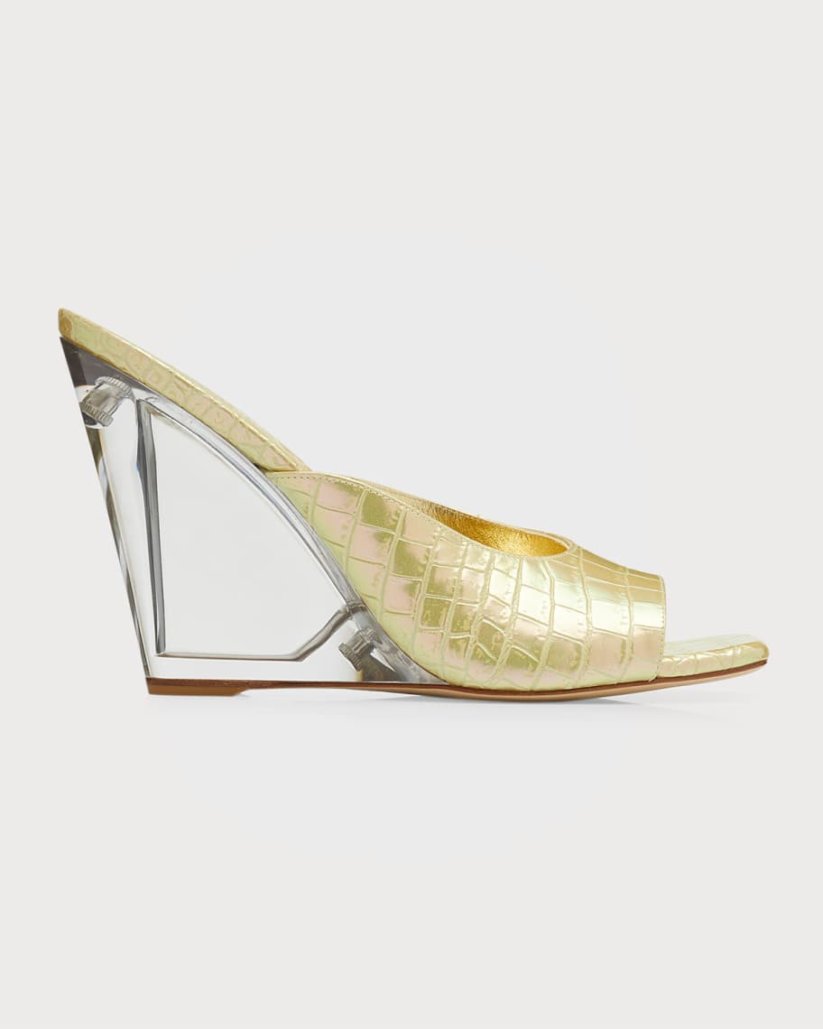 Stuart Weitzman Tia Croco Clear-Heel Mules | Neiman Marcus
