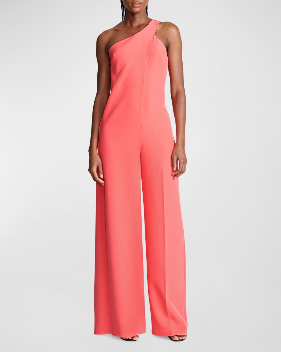 Halston Juli One-Shoulder Draped Crepe Jumpsuit | Neiman Marcus
