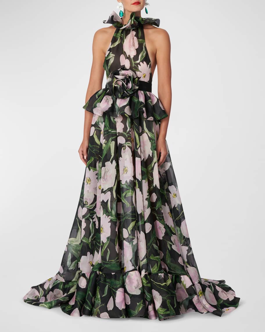 Carolina Herrera Floral-Print Ruffle High-Neck Rosette-Waist Chiffon ...