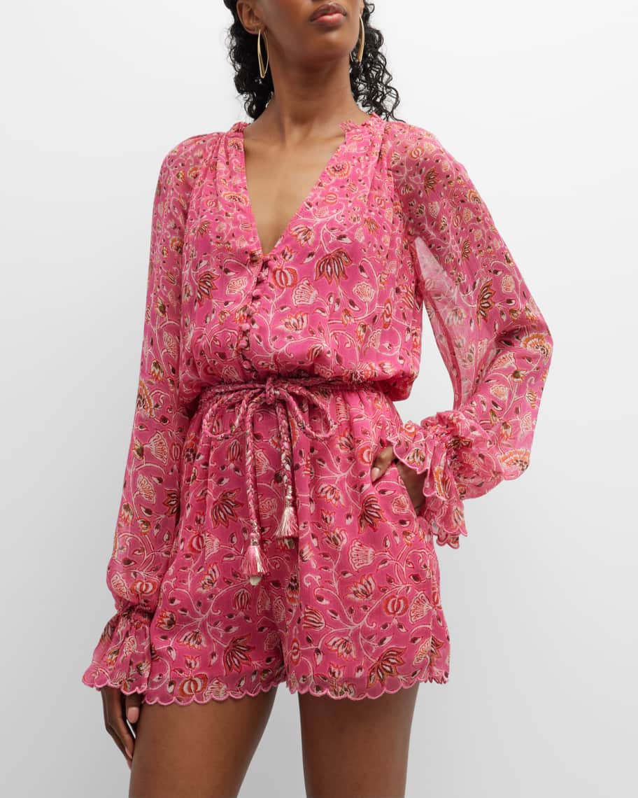 Hemant & Nandita Floral Viscose Romper with Braided Belt | Neiman Marcus