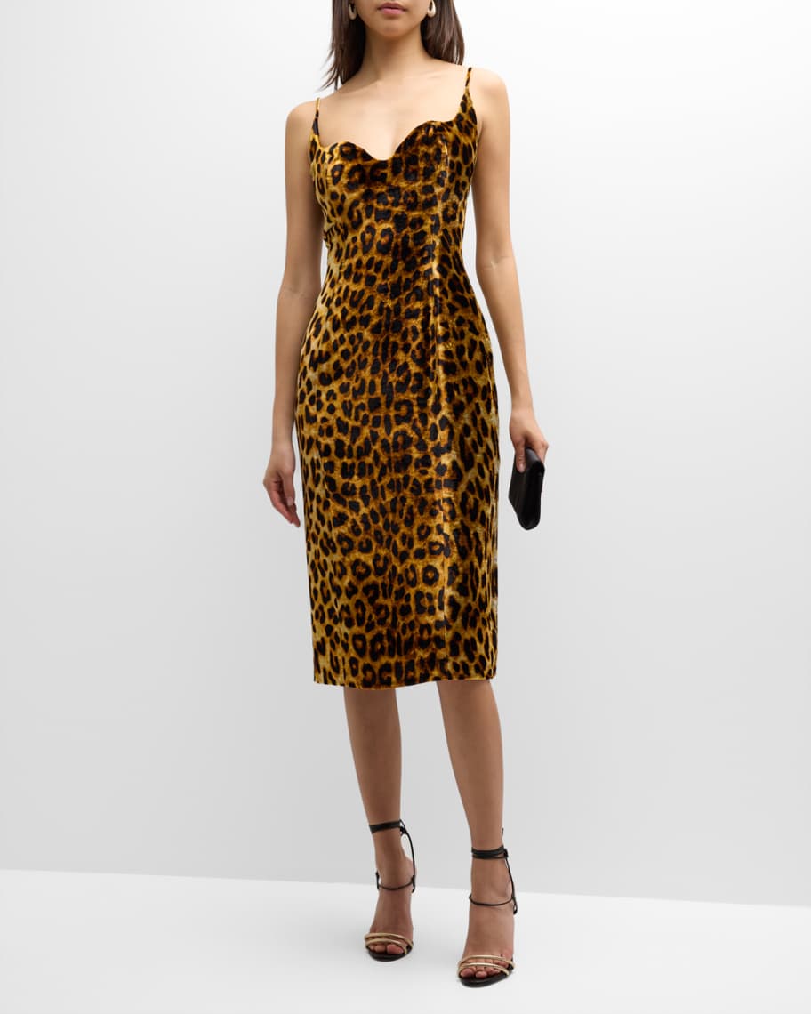 Halpern Shaped Sweetheart Leopard Print Midi Dress | Neiman Marcus