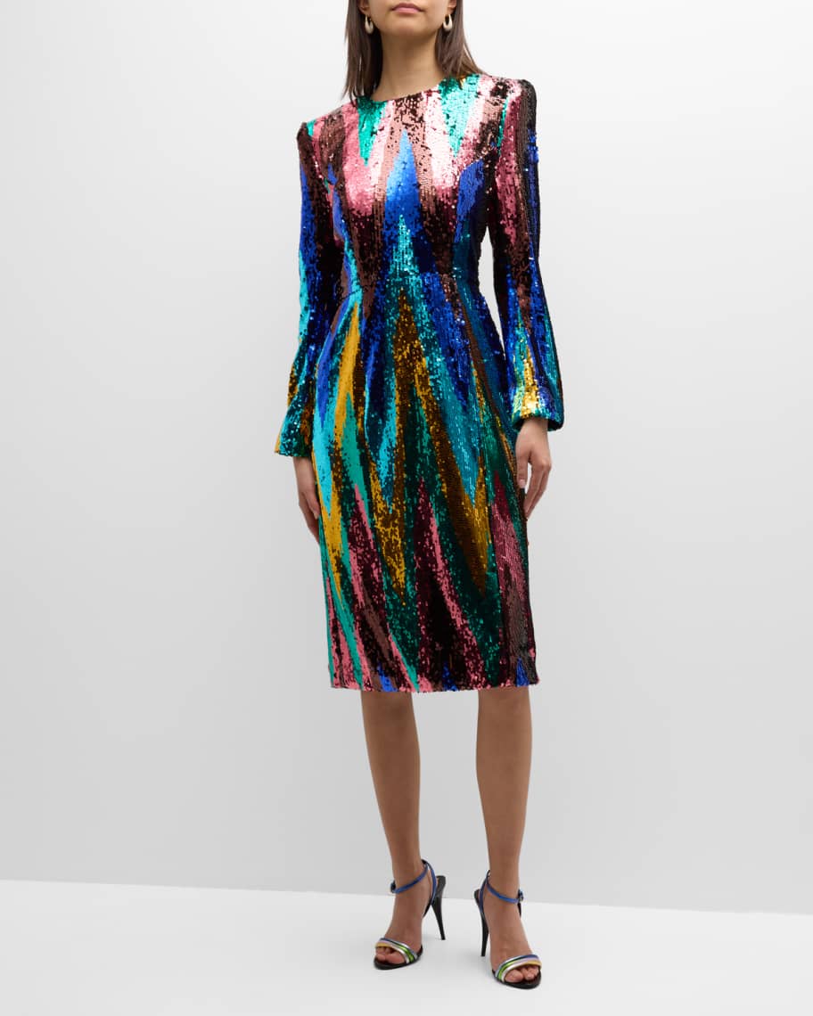 Halpern Strong-Shoulder Sequin Midi Dress | Neiman Marcus