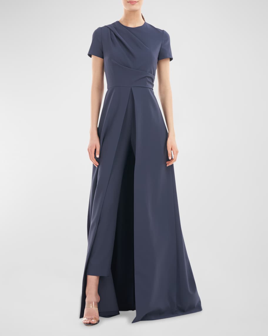 Kay Unger New York Pleated Short-Sleeve Crepe Walk-Thru Jumpsuit ...