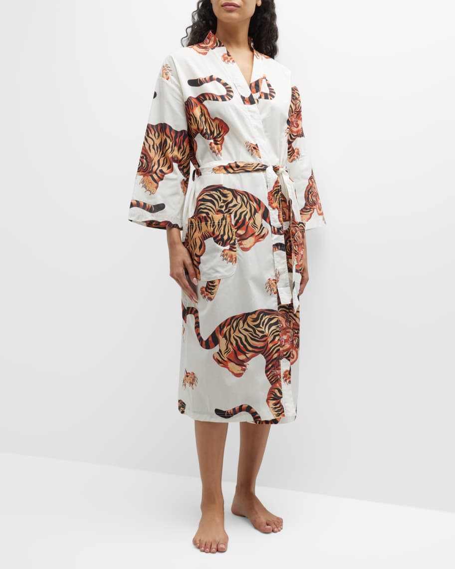Desmond & Dempsey 3/4-Sleeve Rayas Tiger-Print Robe | Neiman Marcus