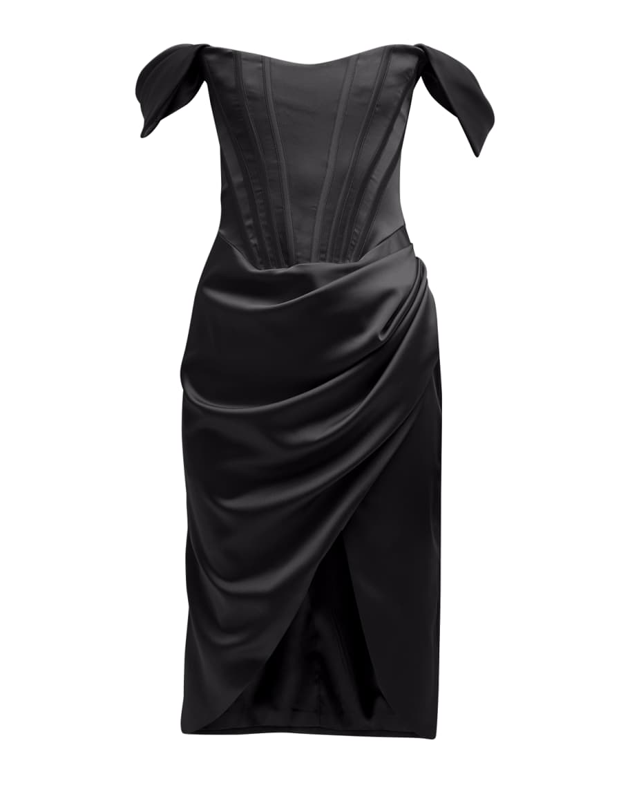 GIGII'S Jasmin Draped Off-Shoulder Corset Midi Dress | Neiman Marcus