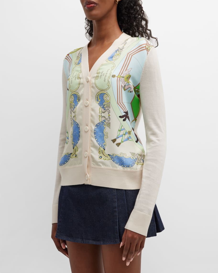 Tory Burch Carousel Printed Silk-Front Cardigan | Neiman Marcus