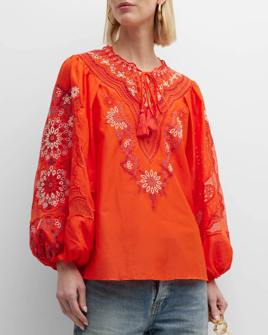 Kobi Halperin Blythe Floral-Embroidered Blouson-Sleeve Blouse | Neiman ...
