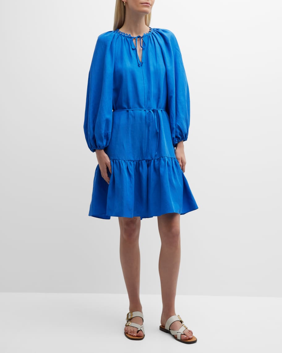 Kobi Halperin Ruby Blouson-Sleeve Keyhole Linen Midi Dress | Neiman Marcus