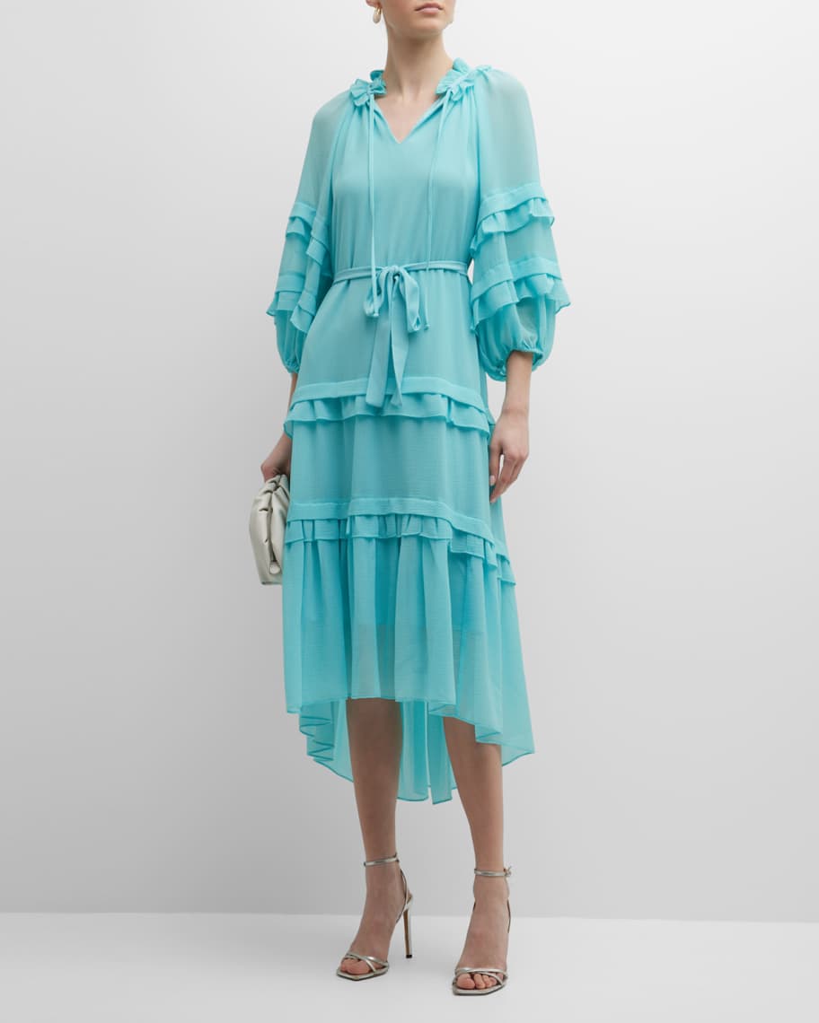 Kobi Halperin Koa Tiered Blouson-Sleeve High-Low Midi Dress | Neiman Marcus