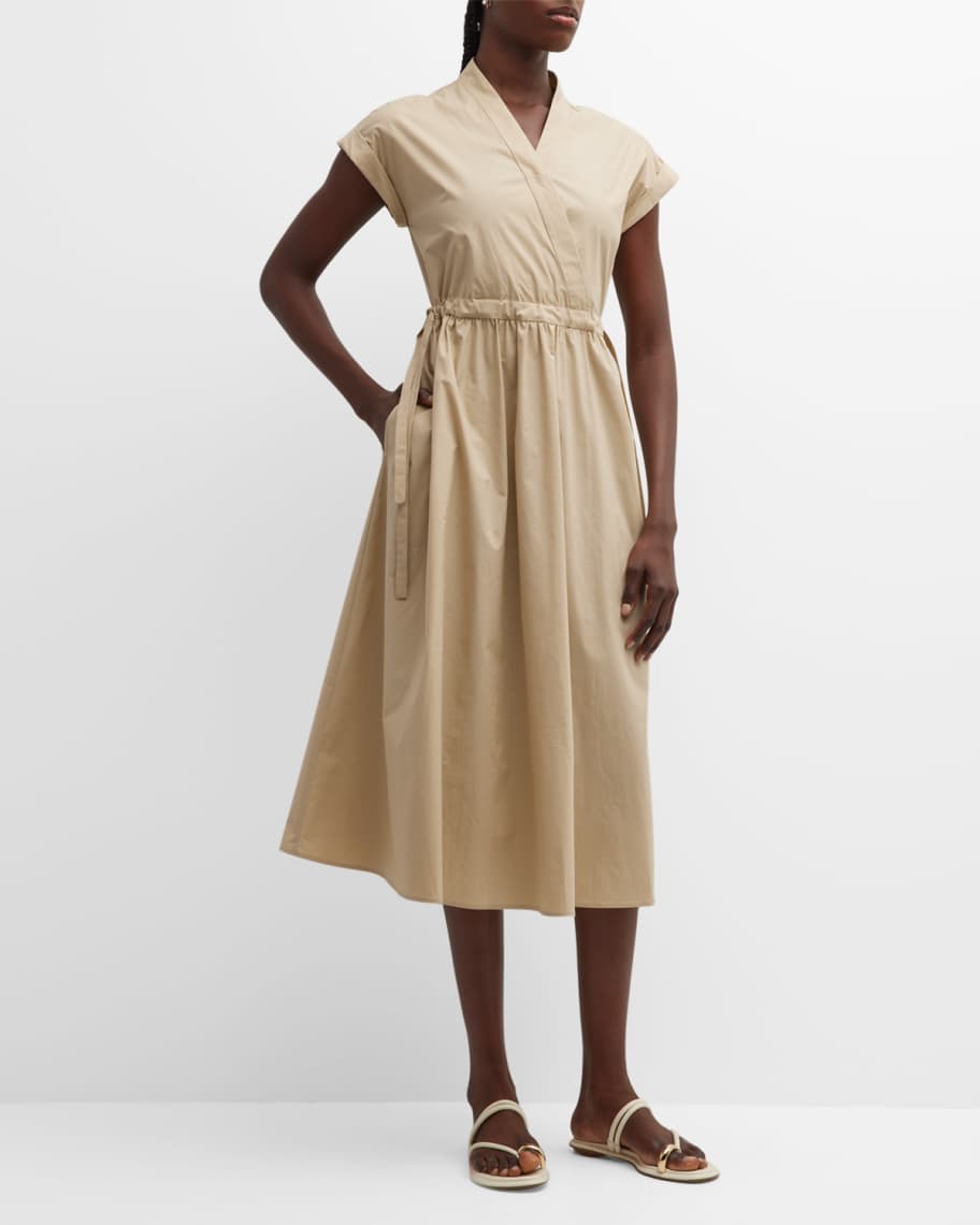 Marella Troupe Cap-Sleeve Drawstring Poplin Midi Dress | Neiman Marcus