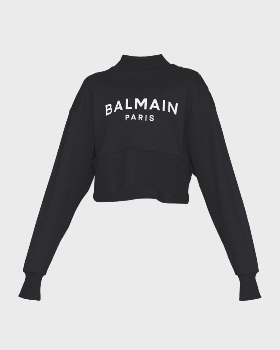 Balmain 3-Button Logo-Print Crop Sweatshirt | Neiman Marcus