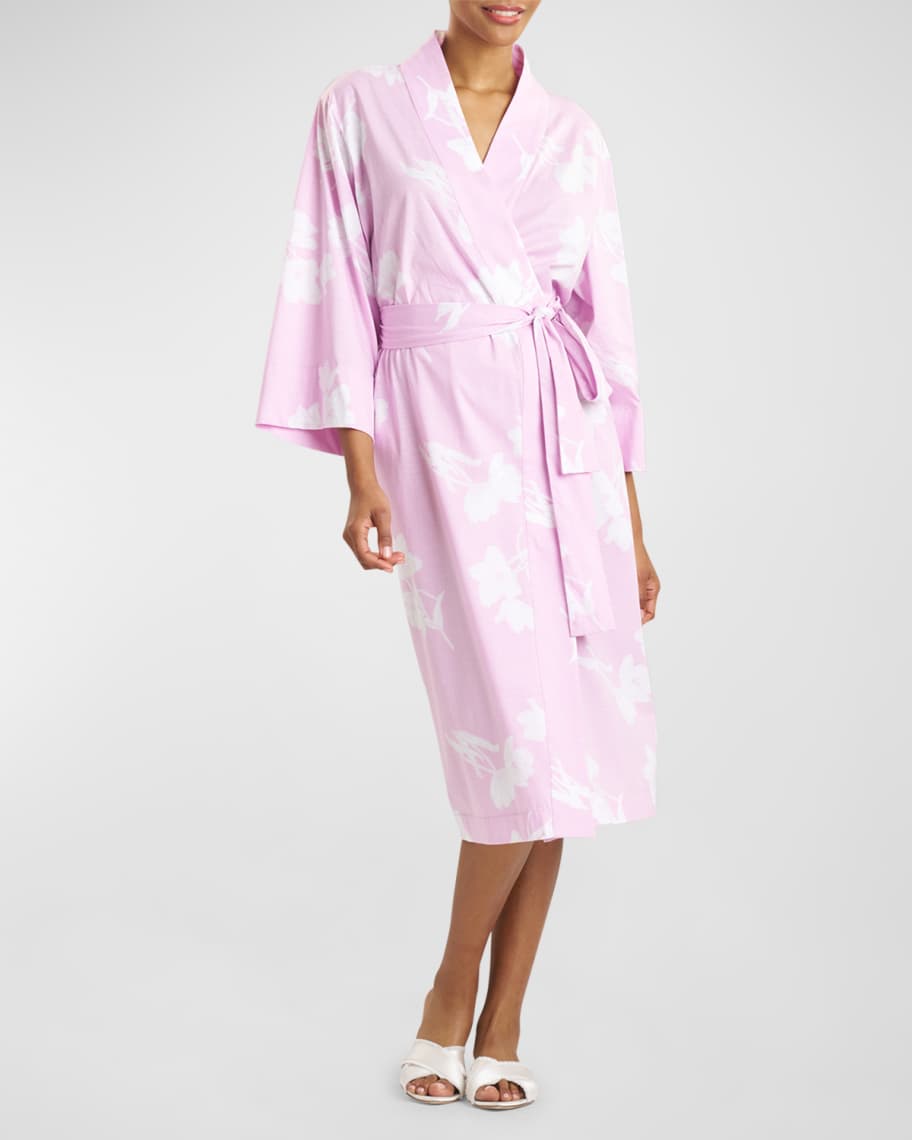 Natori Hana Floral-Print 3/4-Sleeve Cotton Robe | Neiman Marcus
