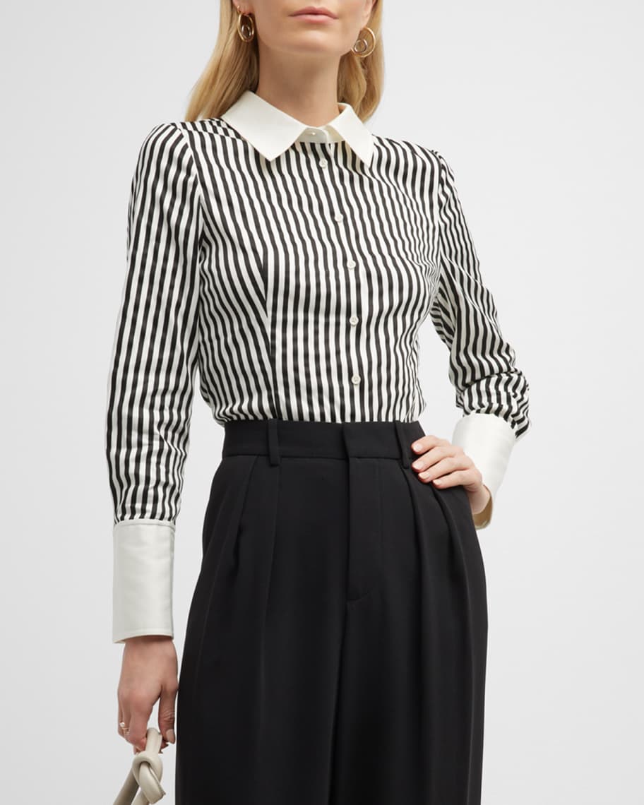 Alice + Olivia Striped Melia Fitted Dart Button-Front Shirt | Neiman Marcus