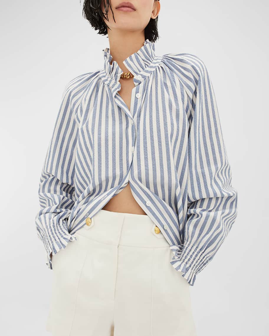 Veronica Beard Calisto Striped Ruffle Collar Shirt | Neiman Marcus