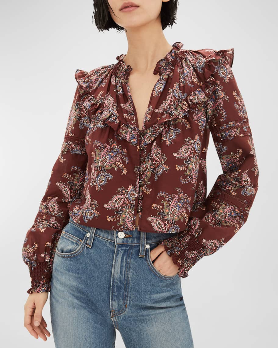 Veronica Beard Hopkins Printed Long Sleeve Ruffle Blouse | Neiman Marcus