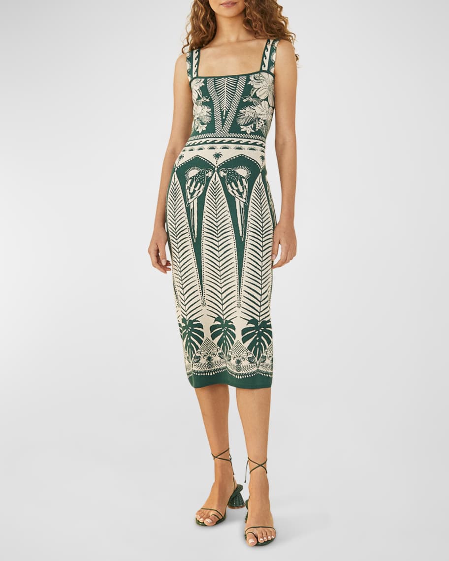 Farm Rio Macaw Elegance Sleeveless Square-Neck Midi Knit Dress | Neiman ...