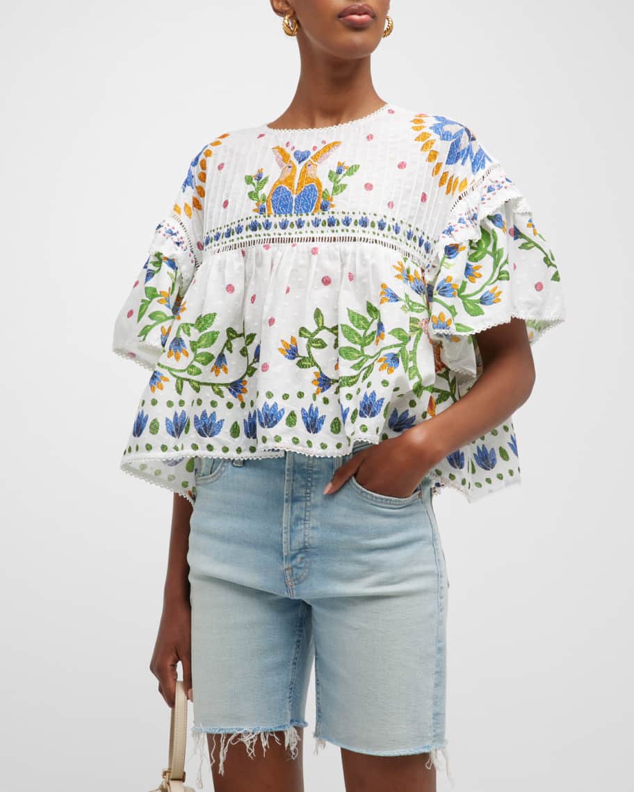 Farm Rio Summer Garden Embroidered Blouse with Lace | Neiman Marcus