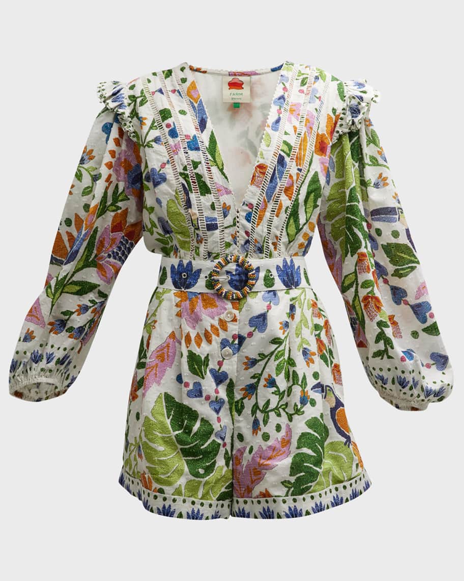 Farm Rio Summer Garden Cotton Dobby Romper | Neiman Marcus