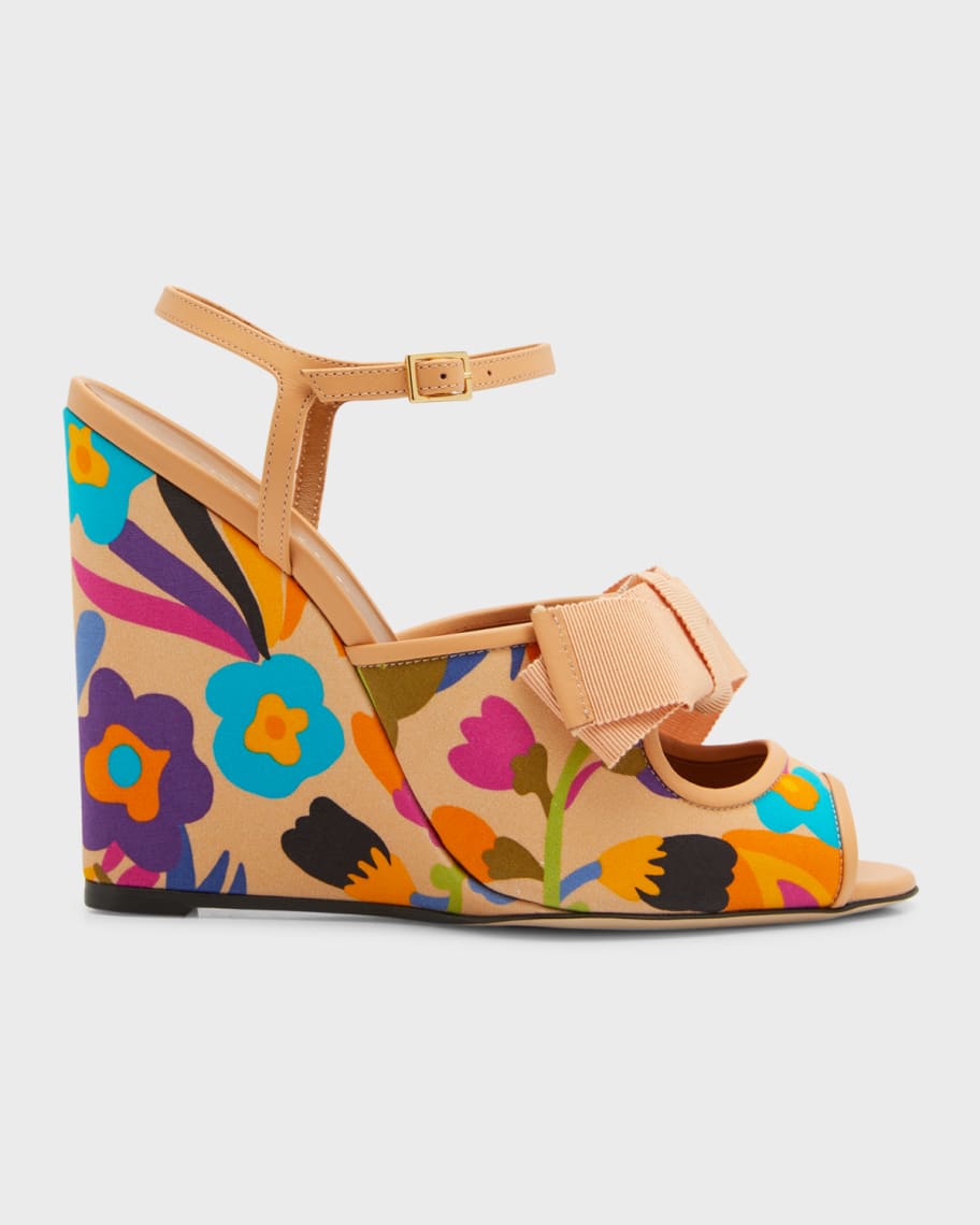 La DoubleJ Floral Bow Wedge Ankle-Strap Sandals | Neiman Marcus