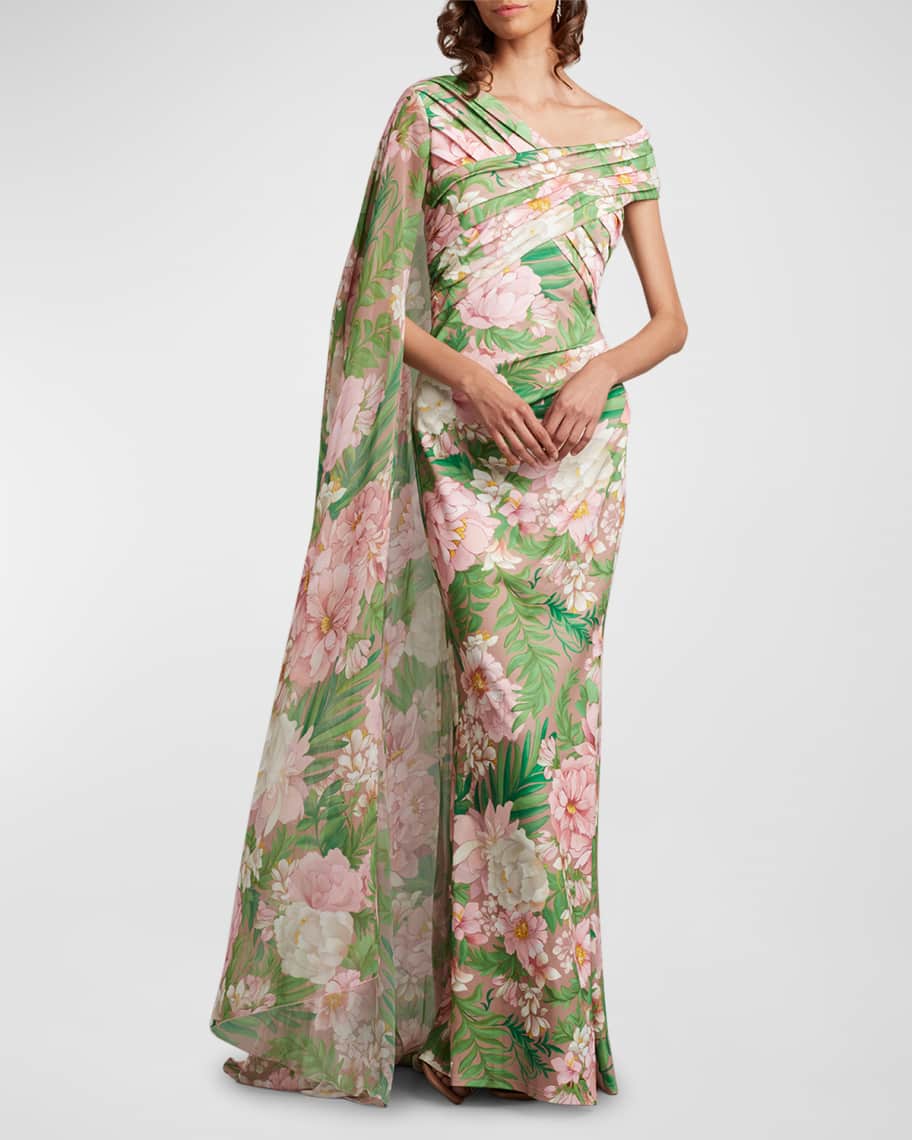 Tadashi Shoji Pleated Cape-Sleeve Floral-Print Gown | Neiman Marcus