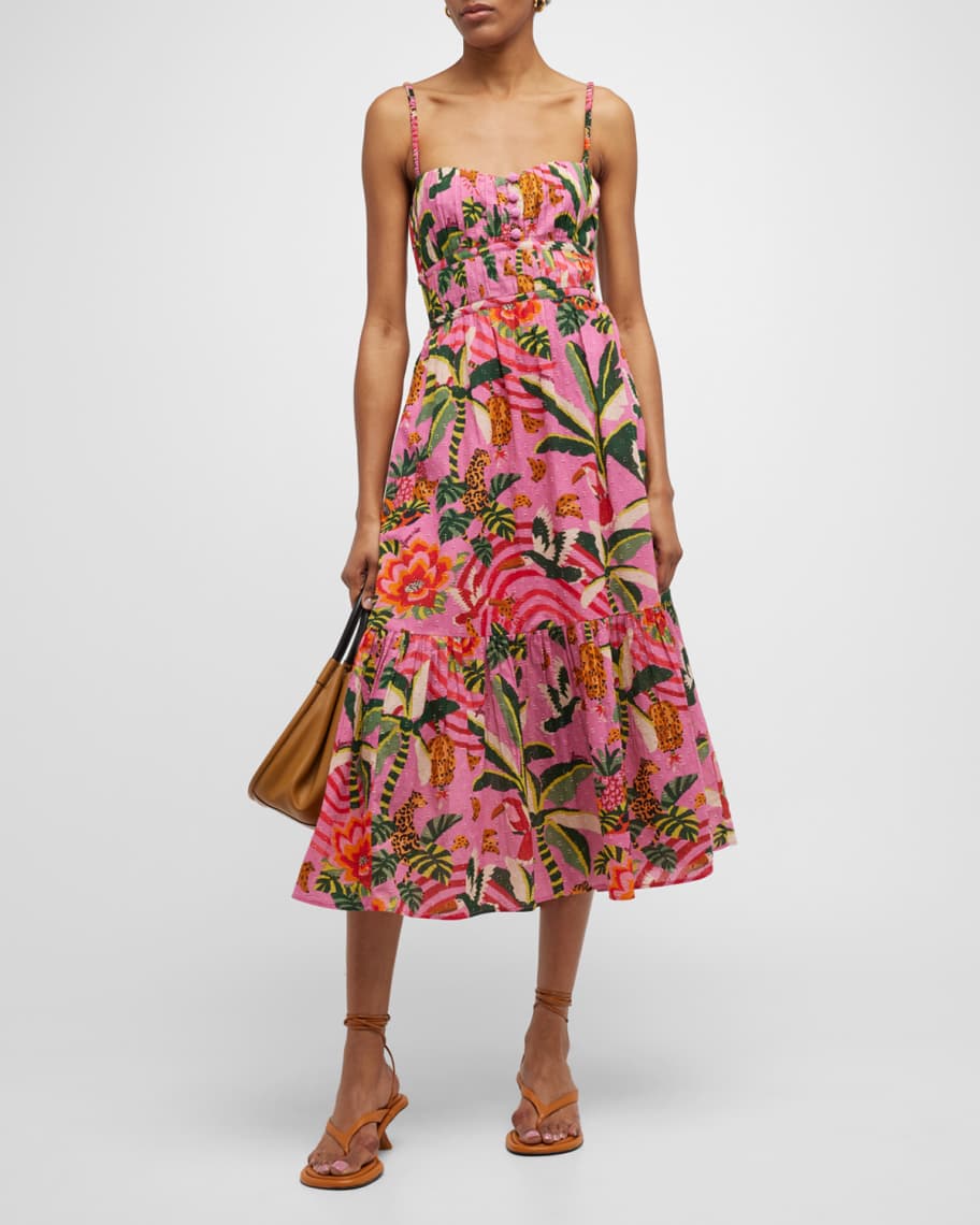 Farm Rio Leopard Forest Open-Back Tiered Midi Dress | Neiman Marcus