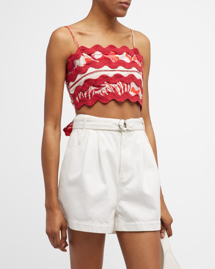 Farm Rio Rio Tiles Embroidered Tie-Back Crop Top | Neiman Marcus