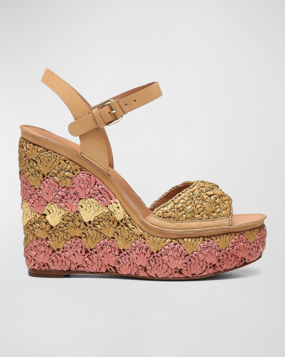 Joie Hindy Colorblock Raffia Wedge Sandals | Neiman Marcus