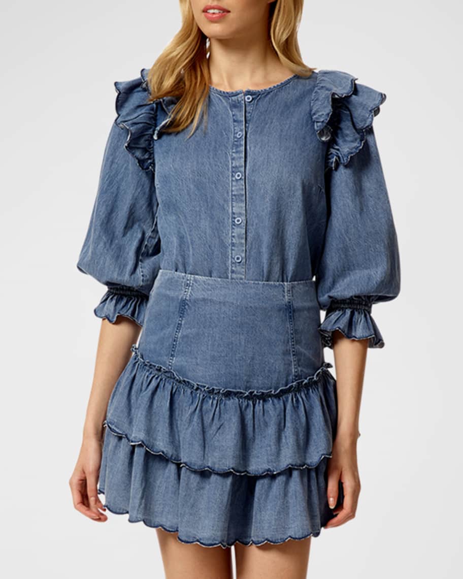 Stellah Washed Denim Ruffle Top | Neiman Marcus