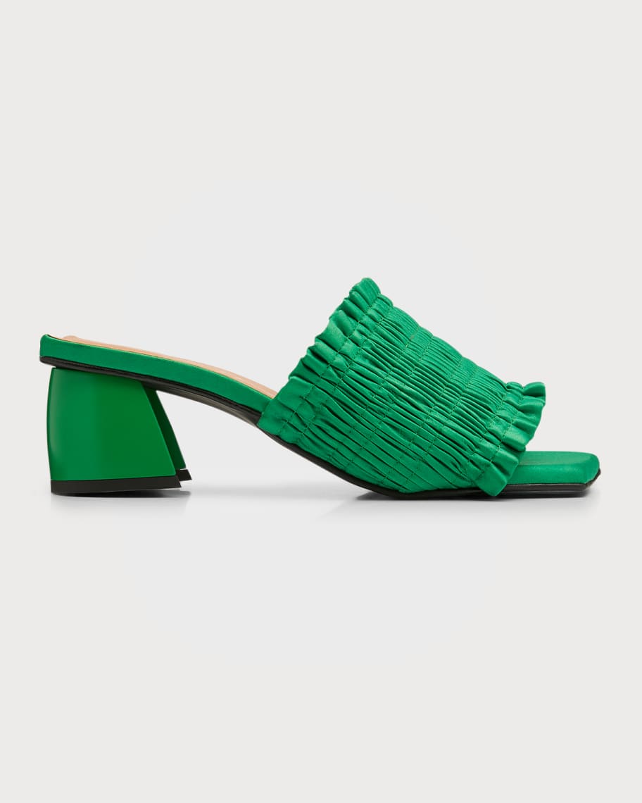 Ganni Smocked Kitten-Heel Mules | Neiman Marcus