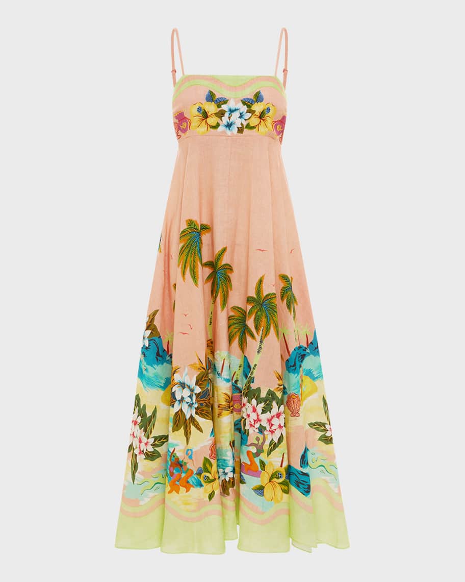 ALEMAIS Mermaid Point Tropical-Print Midi Linen Dress | Neiman Marcus