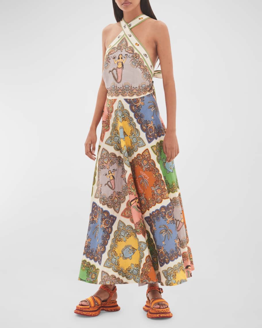 ALEMAIS Trippy Troppo Tile-Print Linen Halter Midi Dress | Neiman Marcus