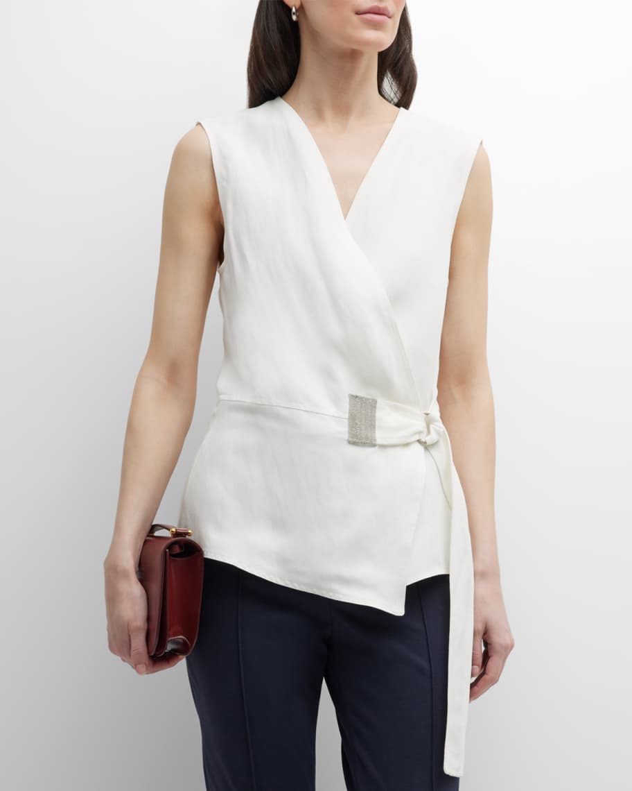 FABIANA FILIPPI Side-Tie Linen-Blend Wrap Top | Neiman Marcus