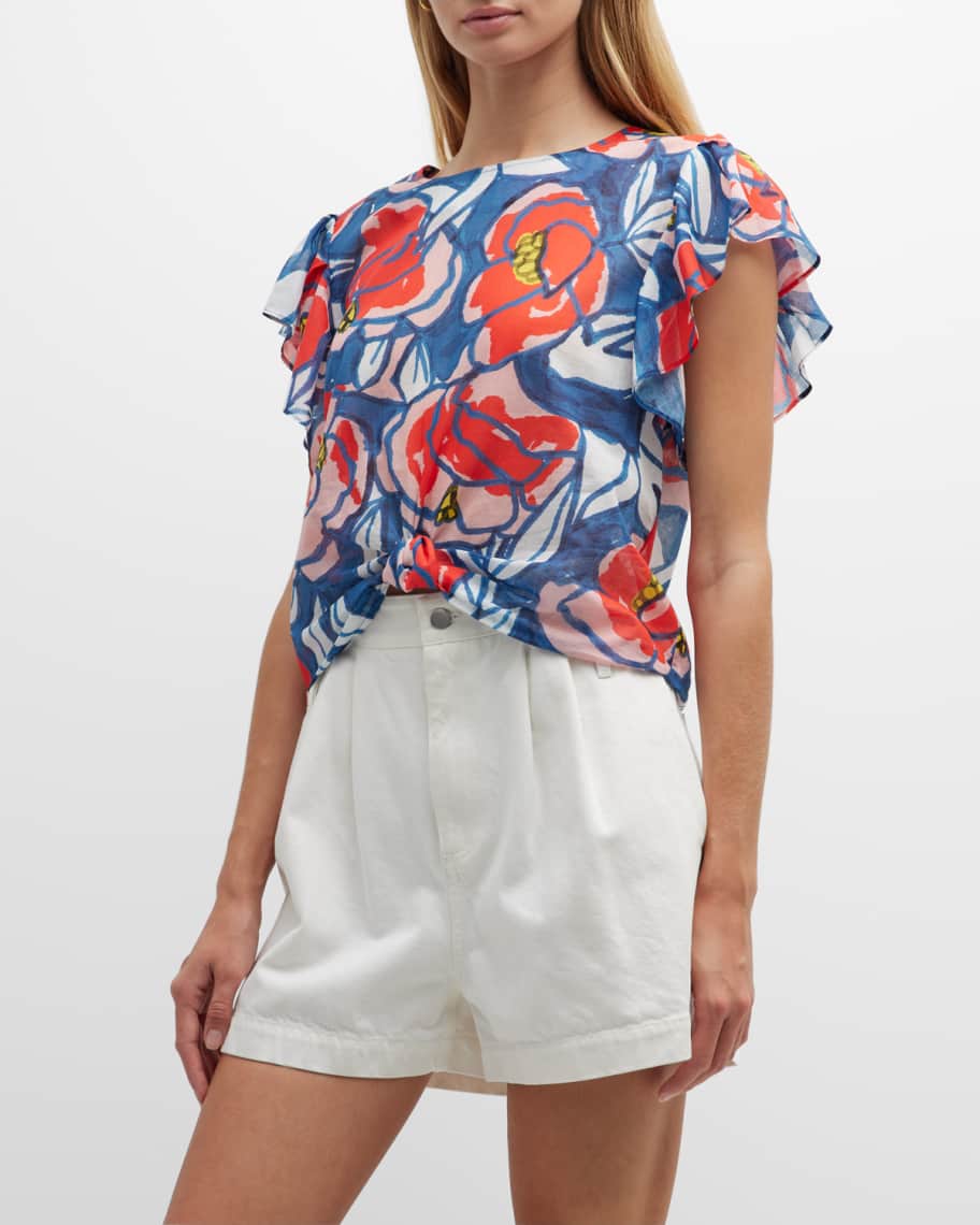 Finley Twist-Front Floral-Print Flutter-Sleeve Top | Neiman Marcus