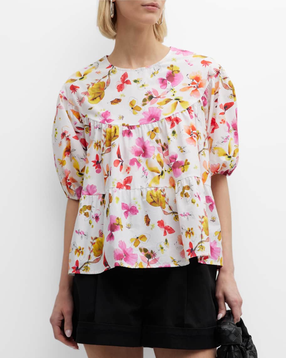 Merlette Paraiso Floral-Print Puff-Sleeve Poplin Top | Neiman Marcus