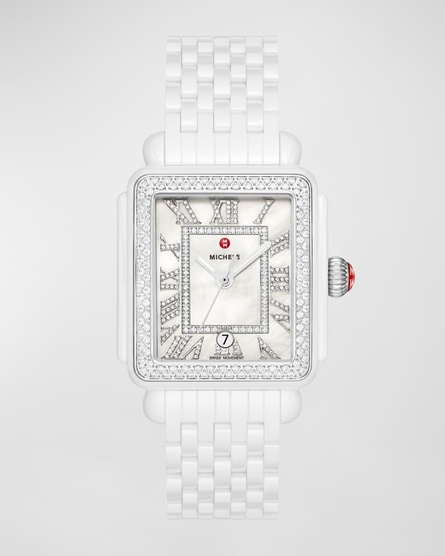 MICHELE Special Edition Deco Madison White Ceramic Diamond Watch ...
