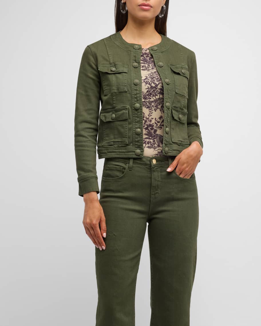 L'Agence Yari Collarless Denim Jacket | Neiman Marcus