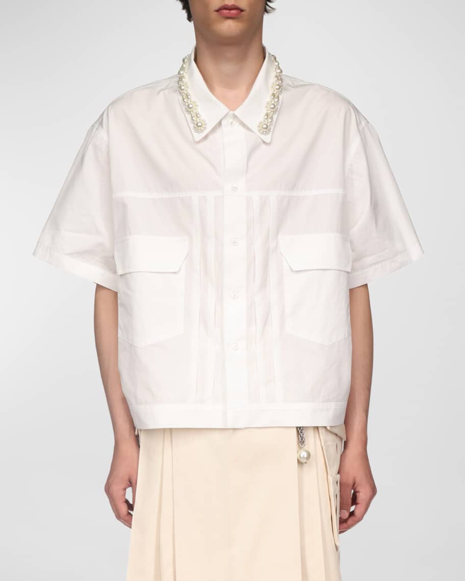 Simone Rocha Men's Pleated Shirt with Embellished Collar | Neiman Marcus