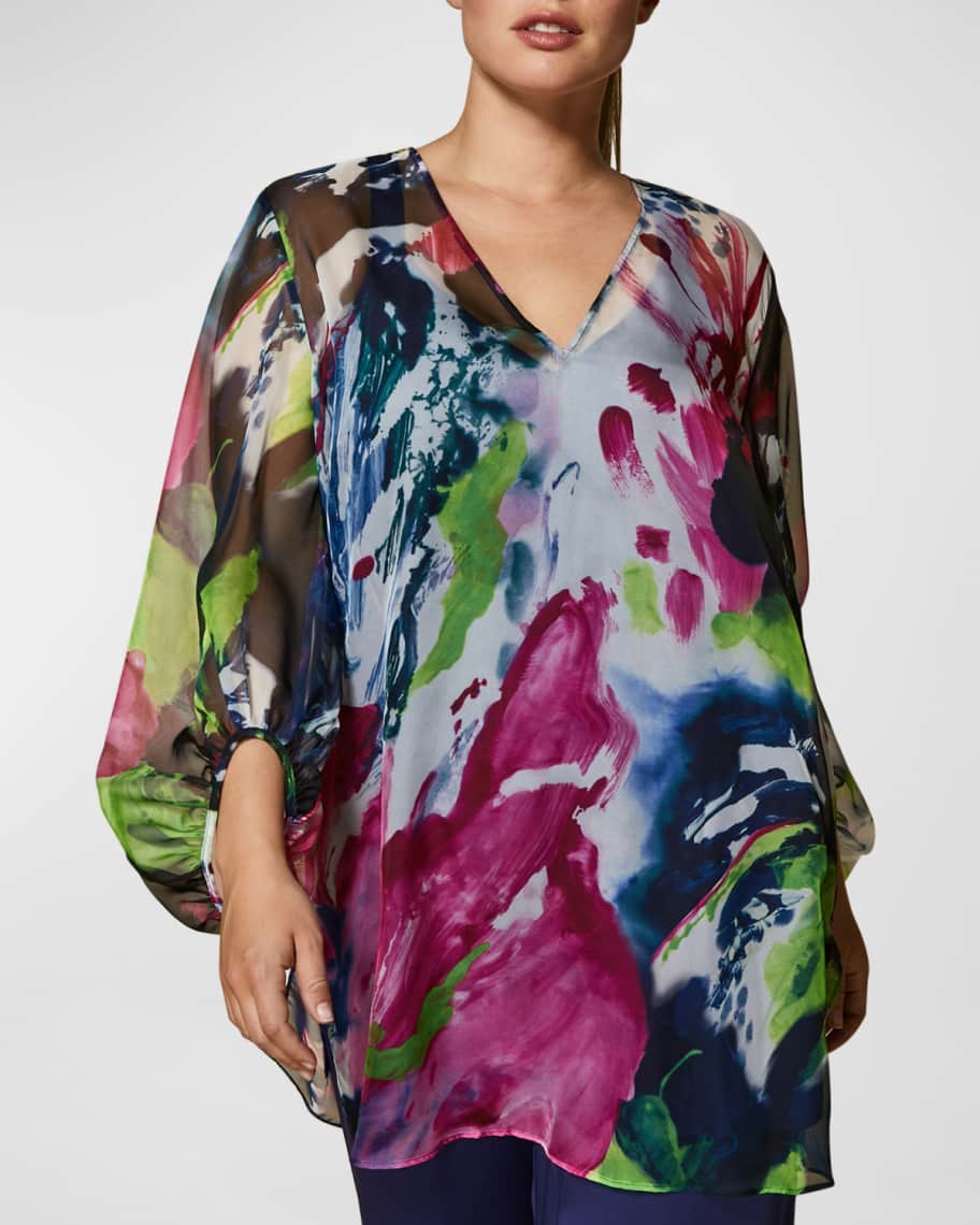 Marina Rinaldi Firma Abstract-Print Balloon-Sleeve Tunic | Neiman Marcus