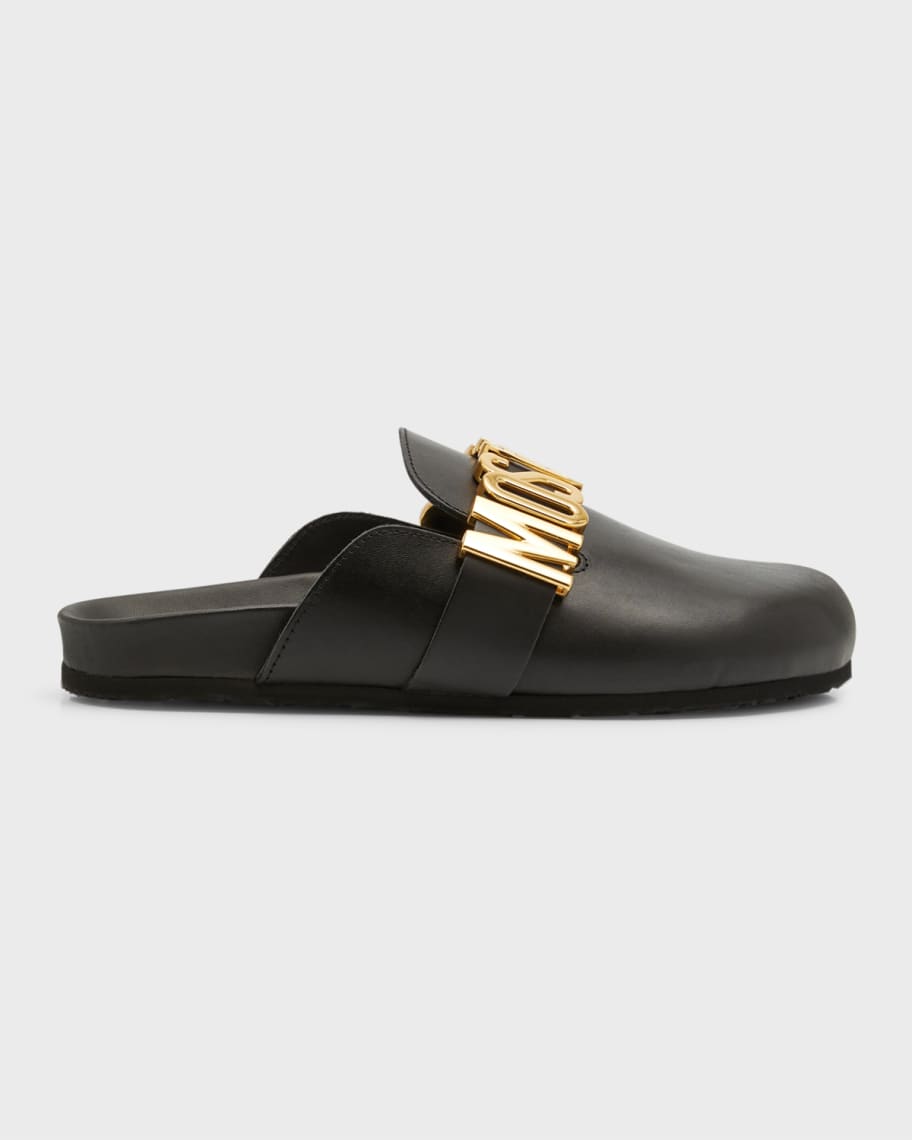 Moschino Men's Logo Leather Clog Slides | Neiman Marcus