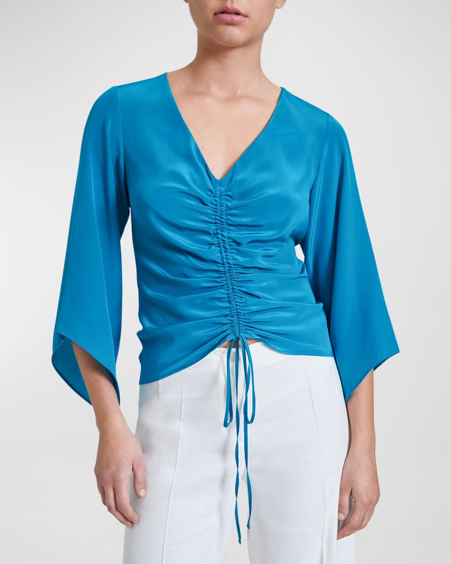 Santorelli Raven Ruched Drawstring Kimono-Sleeve Blouse | Neiman Marcus