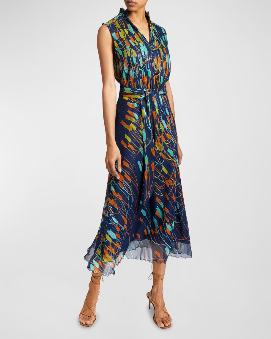 Santorelli Nirva Sleeveless Floral-Print A-Line Midi Dress | Neiman Marcus