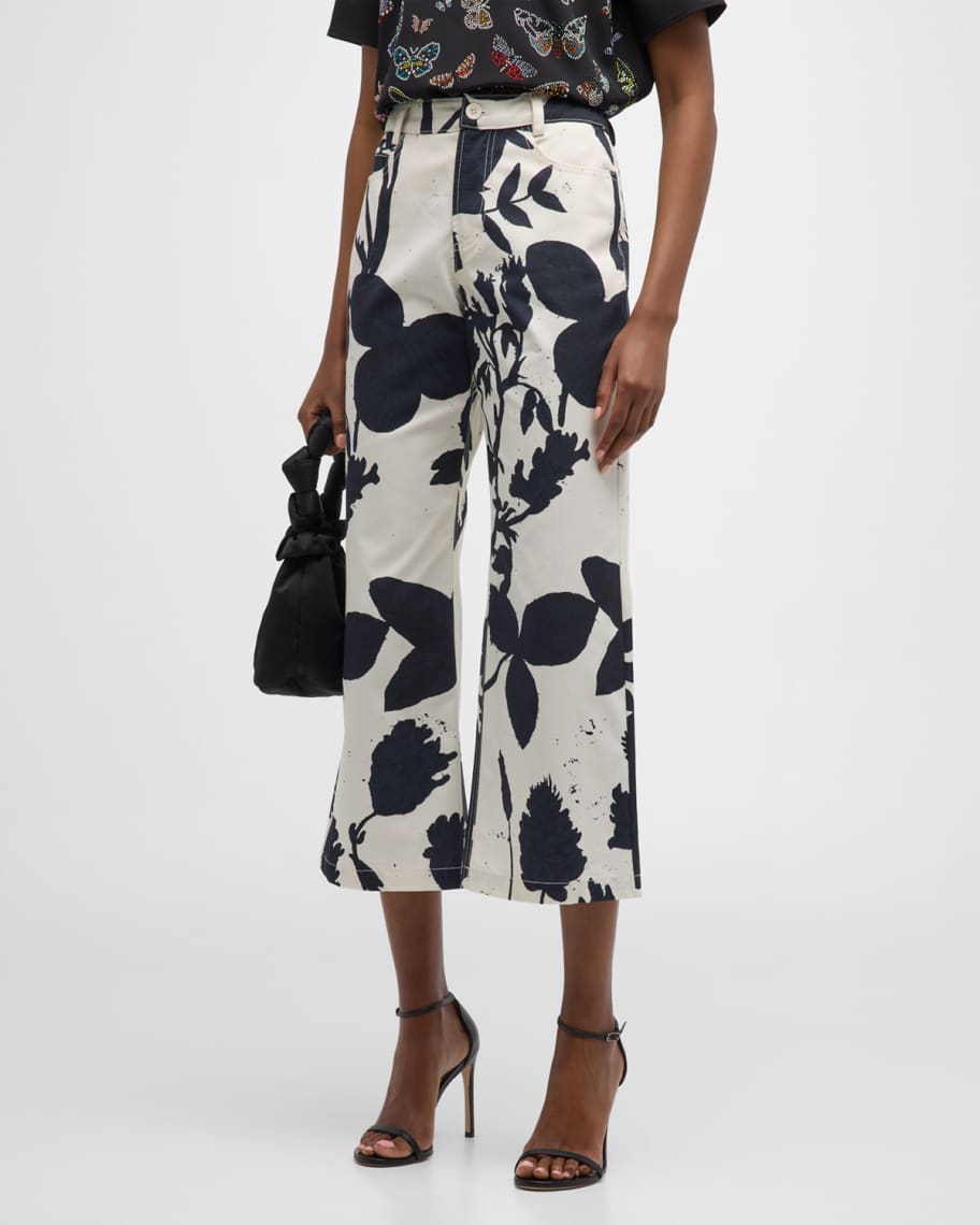 Libertine Cyanotypes Floral-Print Cropped Wide-Leg Pants | Neiman Marcus